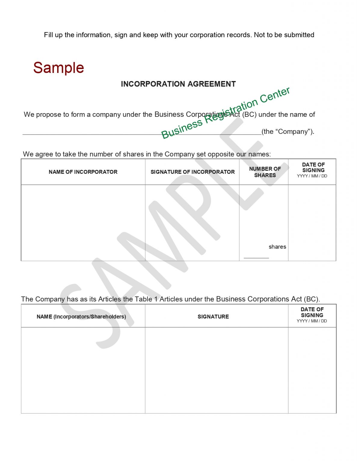 Sample Of Incorporation Agreement | Ontario Business Registration Center