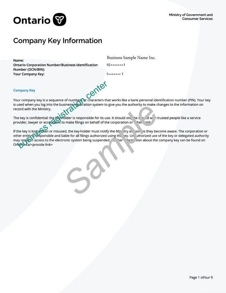 Sample Of Company Key | Ontario Business Registration Center